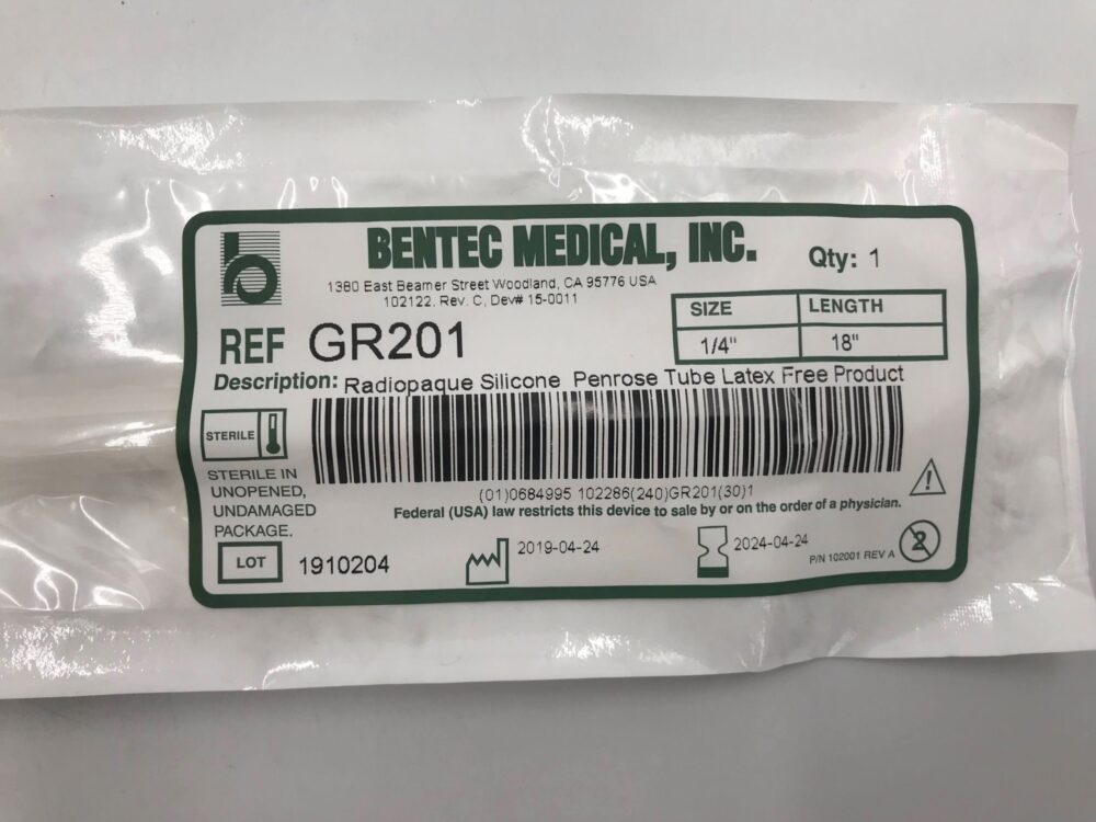 BENTEC MEDICAL GR201 Radiopaque Silicone Penrose Tube LF 1/4in x 18in ...