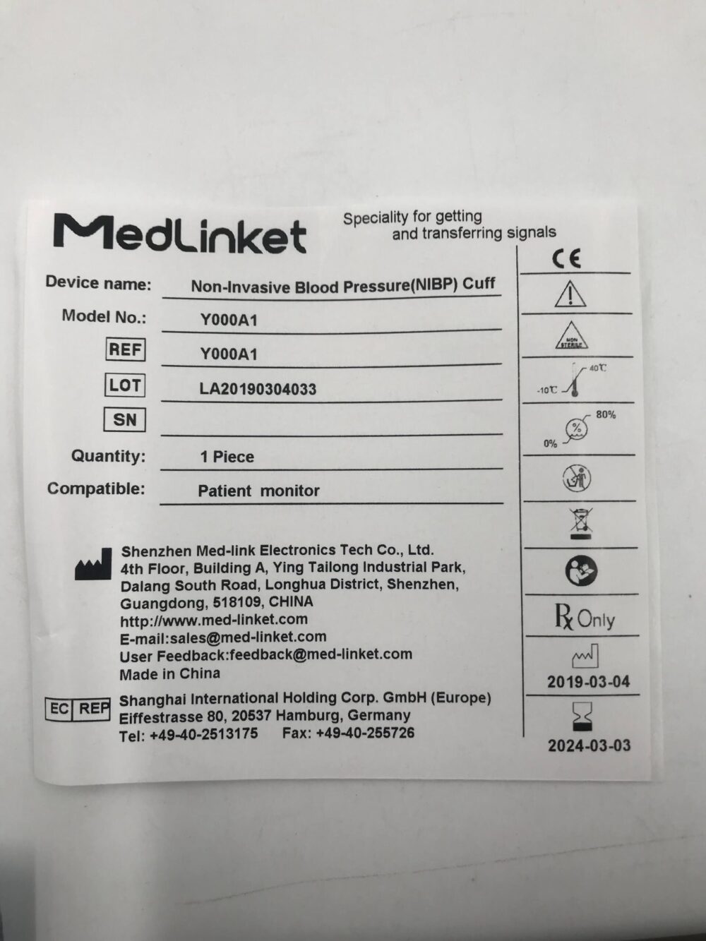 SHENZHEN MED-LINK Y000A1 MedLinket Non-Invasive Blood Pressure(NIBP ...