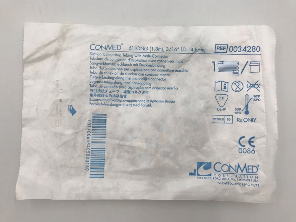 CONMED 0034280 Suction Connecting Tube w/ Male Connector 6ft Long 3/16 ...