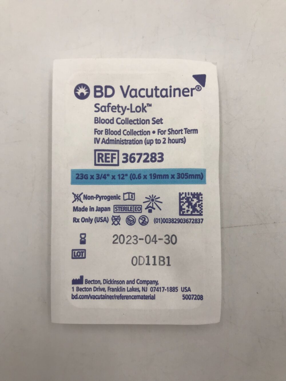 BD 367283 Vacutainer Safety-Lok Blood Collection Set 23G x 3/4in x 12in ...