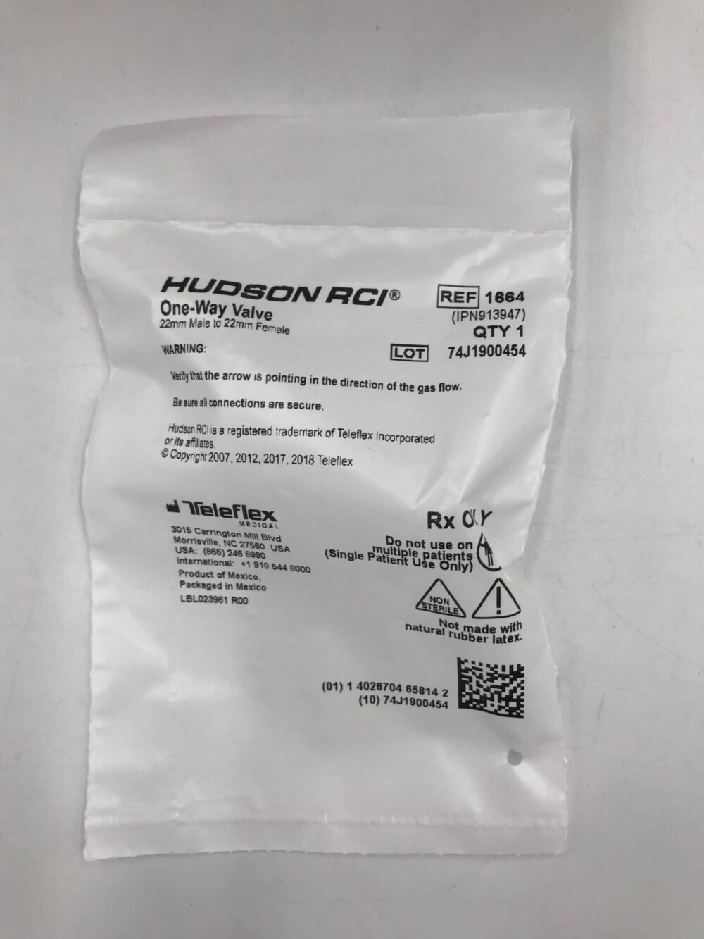 TELEFLEX 1664 Hudson RCI One Way Valve, 22mm OD - 22mm ID (50/Case ...