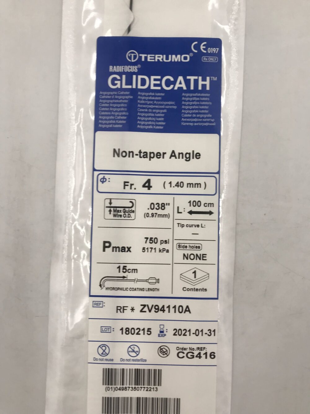 TERUMO CG416 Glidecath Non-Taper Angle Angiographic Catheter Fr4 100cm ...