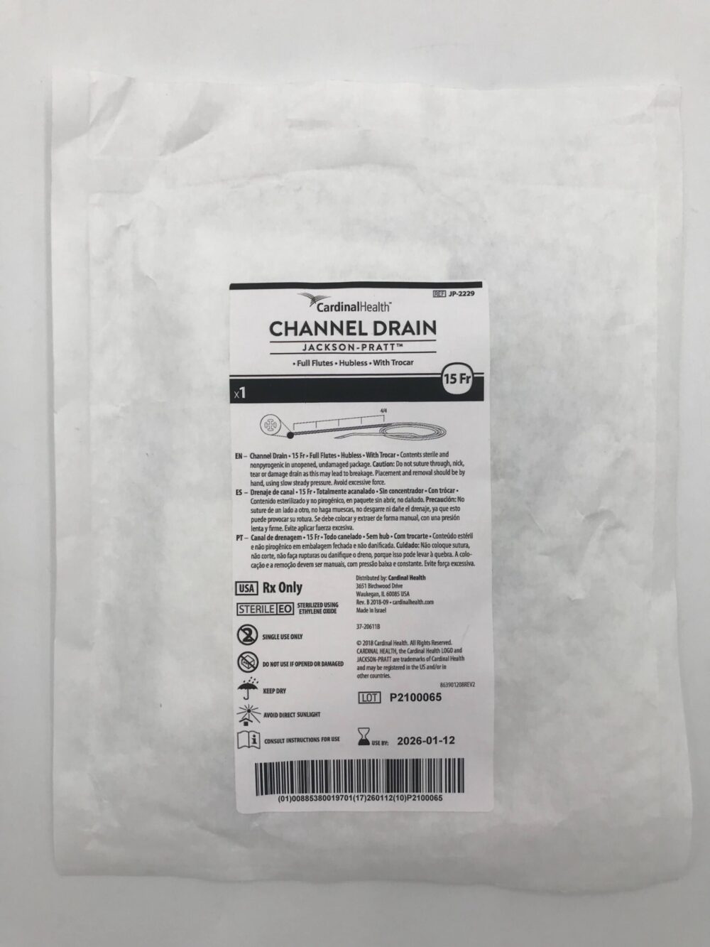 CARDINAL HEALTH JP-2229 Jackson-Pratt Full Flutes Hubless w/Trocar 15F ...