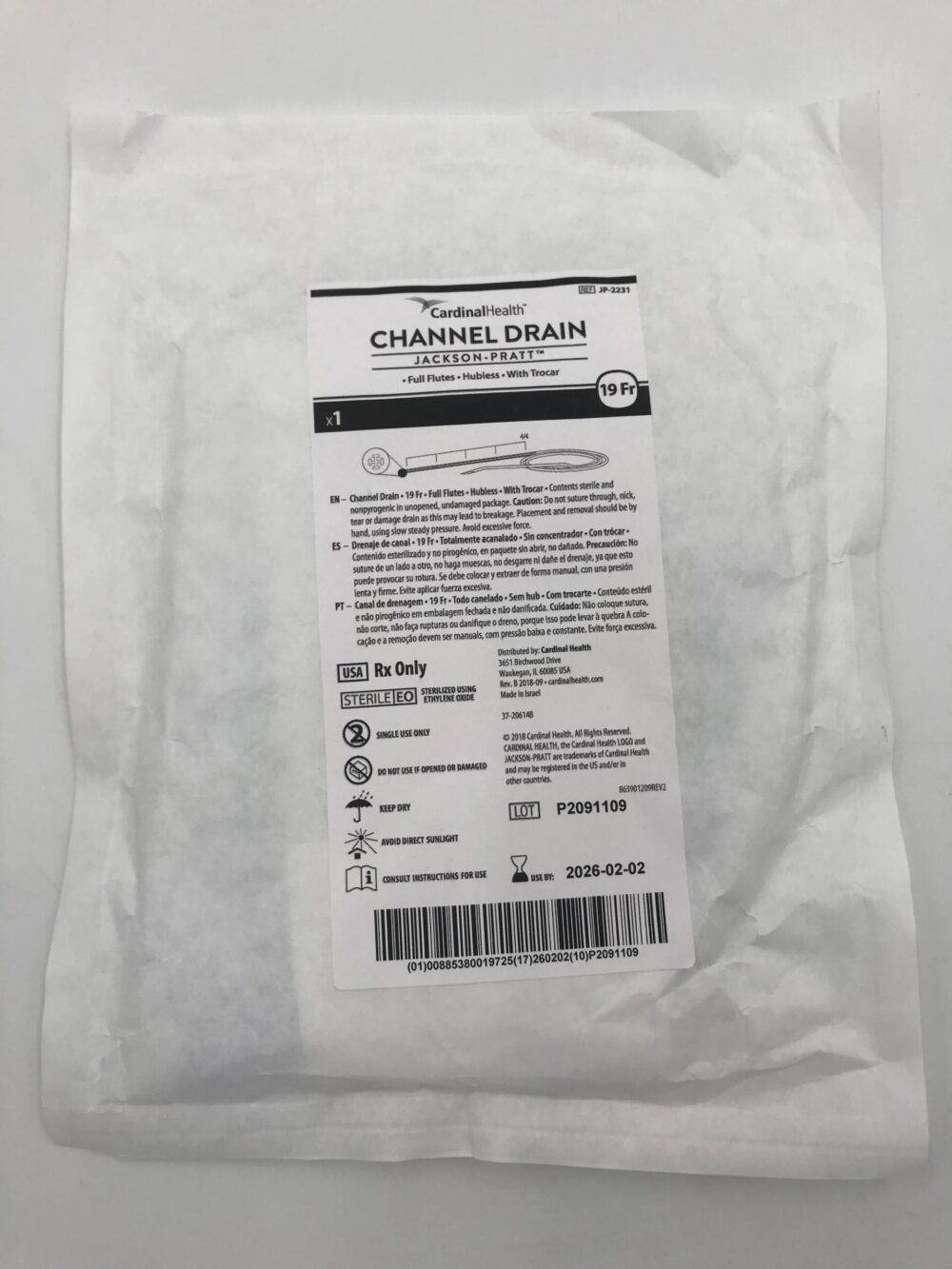 CARDINAL HEALTH JP-2231 Jackson-Pratt Full Flutes Hubless w/Trocar 19F ...