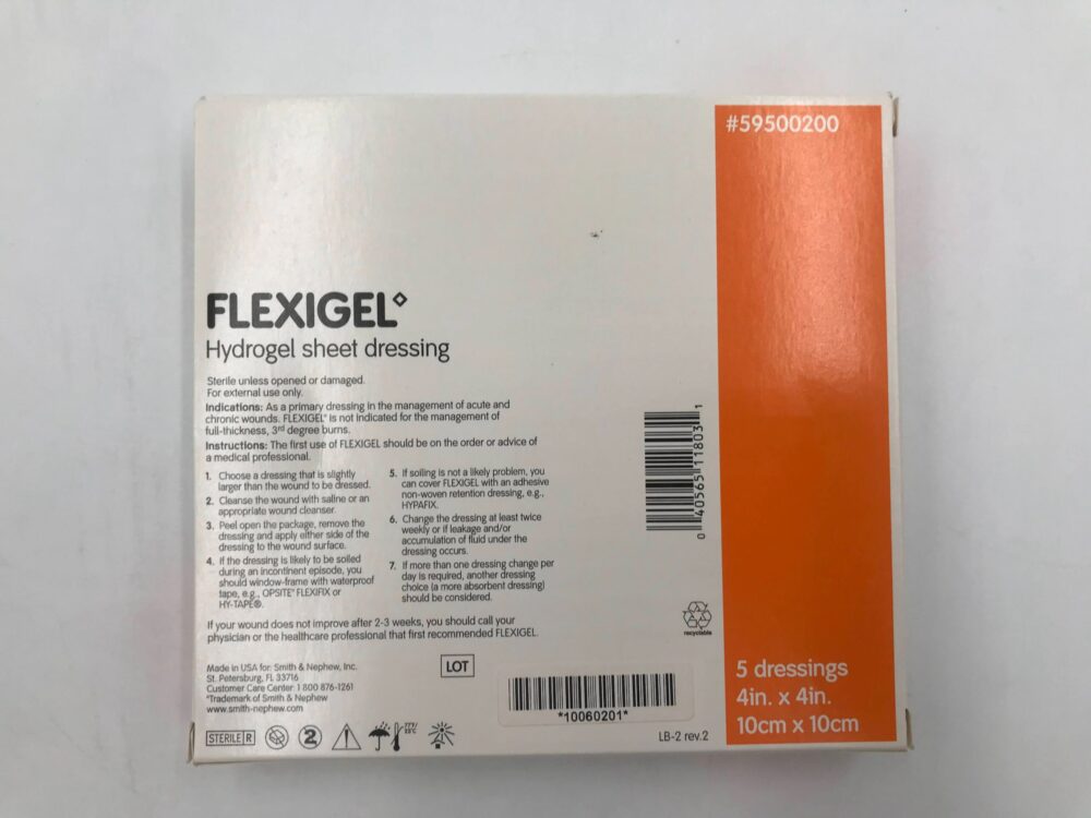 SMITH & NEPHEW 59500200 Flexigel Hydrogel Sheet Dressing 4in x 4in (5 ...