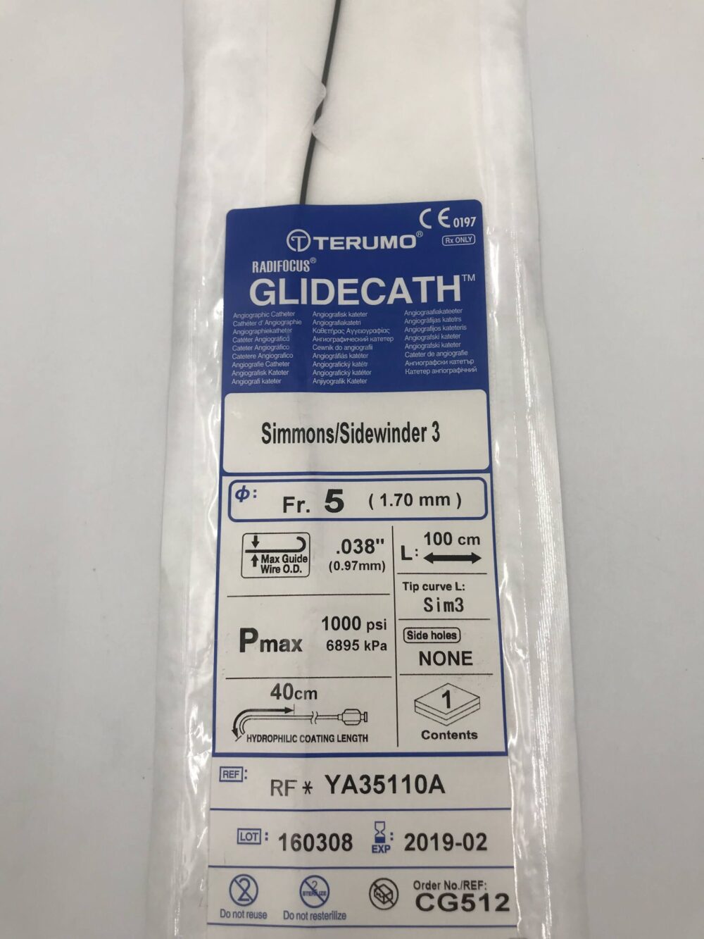 Terumo CG512 Glidecath Simmons/Sidewinder 3 Fr.5 Angiographic Catheter ...