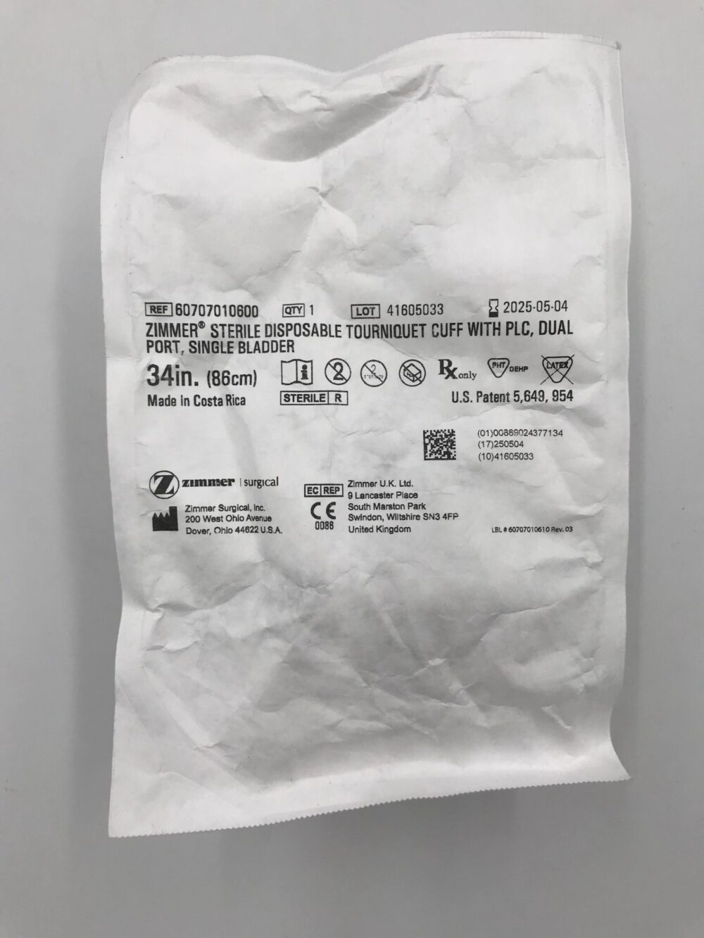 ZIMMER 60707010600 Disposable Tourniquet Cuff w/ PLC, Dual Port, Single ...