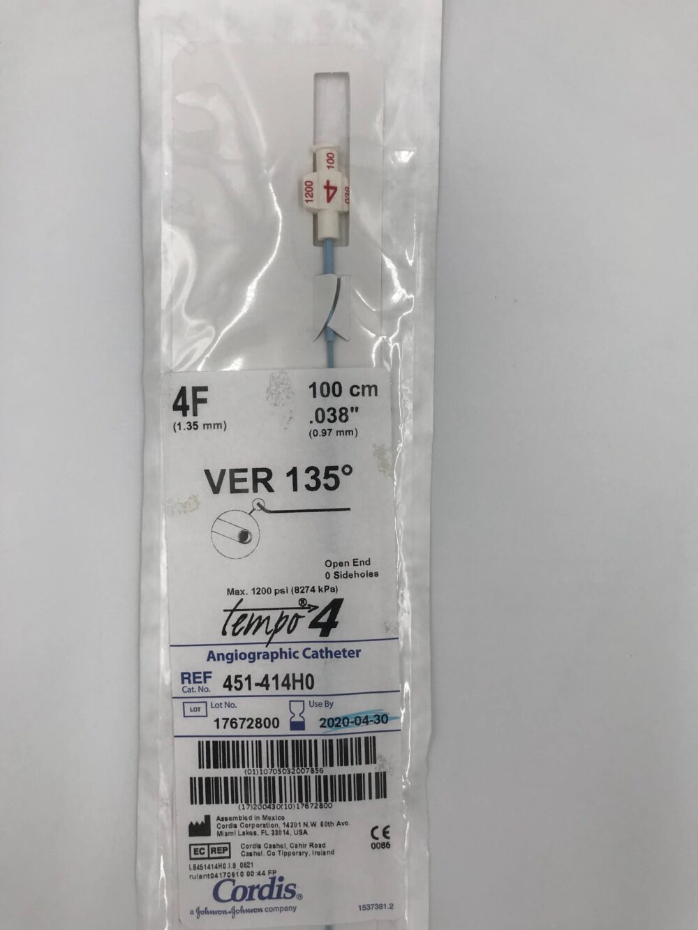 CORDIS 451-414H0 Tempo4 Angiographic Catheter VER 135Deg 4F 100cm (X ...
