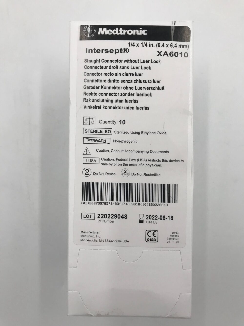 MEDTRONIC XA6010 Intersept Straight Connector w/o Luer Lock 1/4 x 1/4in ...