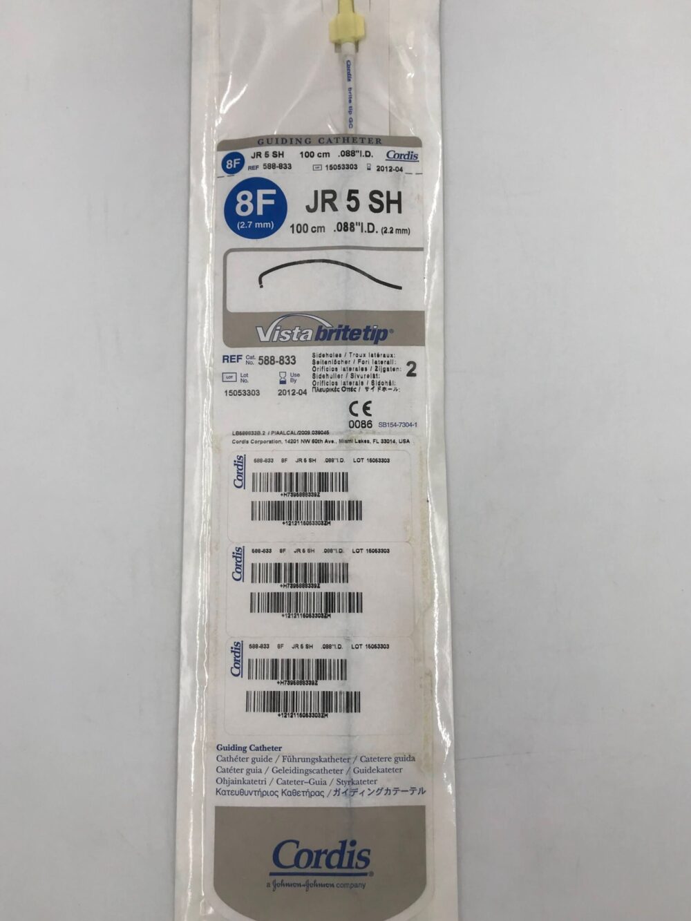 CORDIS 588-833 VistaBriteTip Guiding Catheter JR 5 SH 8F 100cm (X) - GB ...