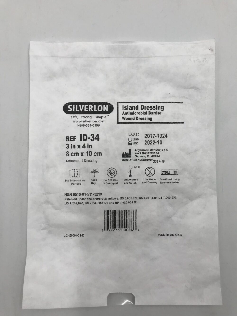 Argentum Medical ID-34 Silverlon Island Dressing Antimicrobial Barrier ...