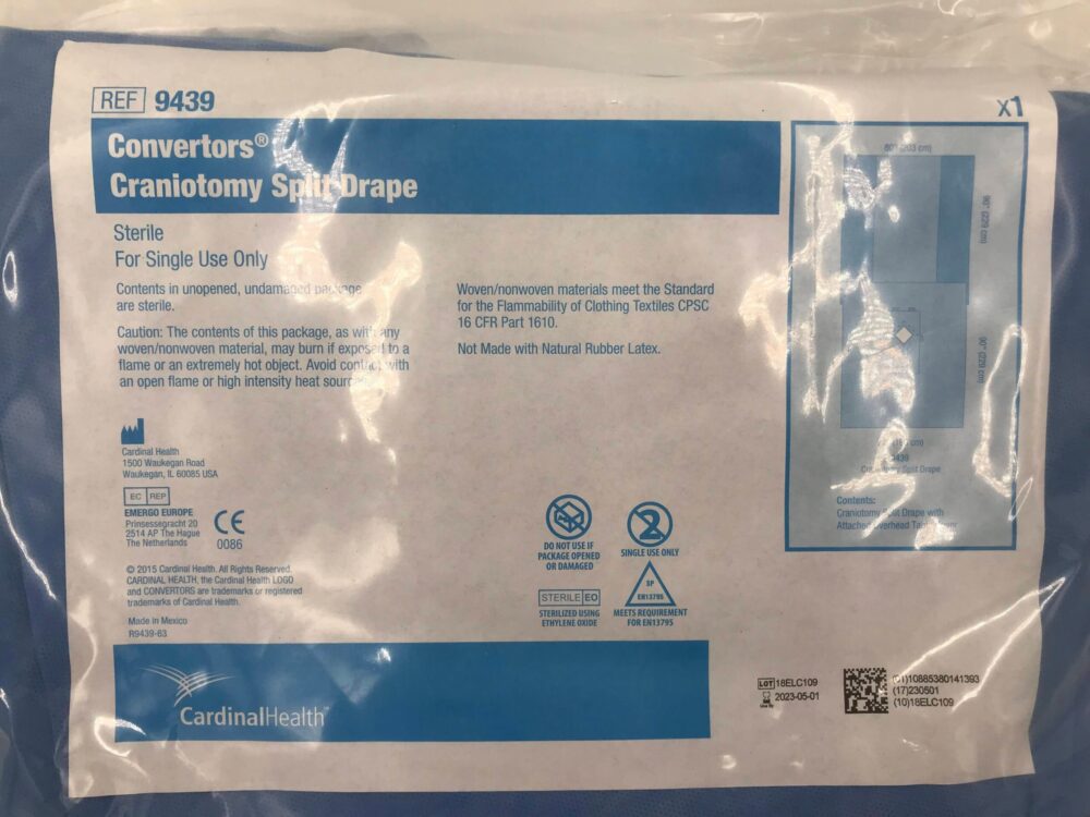 CARDINAL HEALTH 9439 Convertors Craniotomy Split Drape 80in x 90in ...