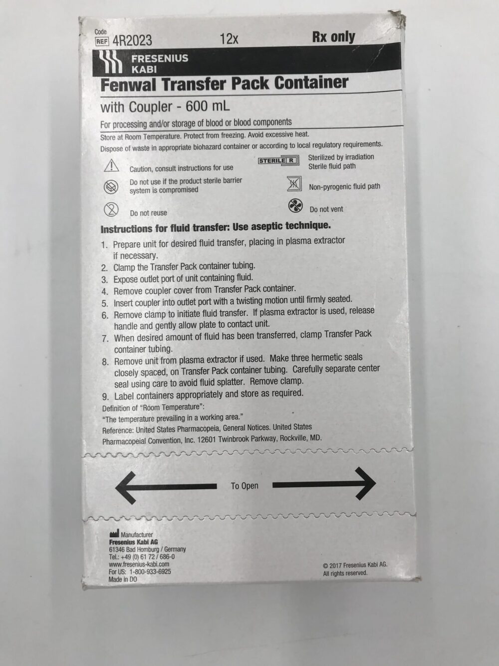 Fresenius Kabi 4R2023 Fenwal Transfer Pack Container with Coupler ...