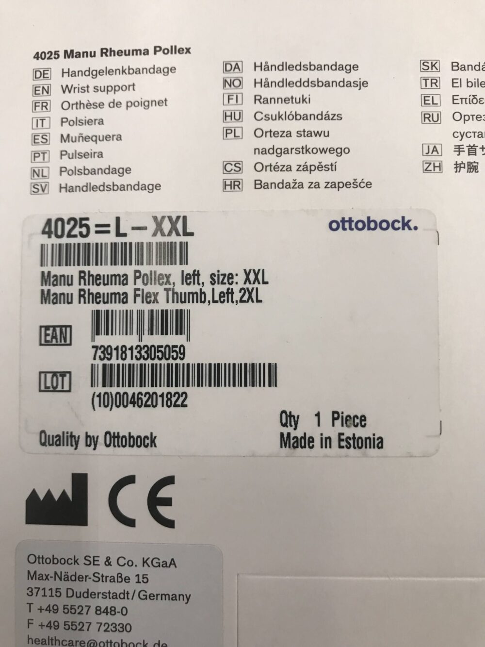 OTTOBOCK 4025 Manu Rheuma Pollex Wrist Support Beige XXL Left w/Flex ...