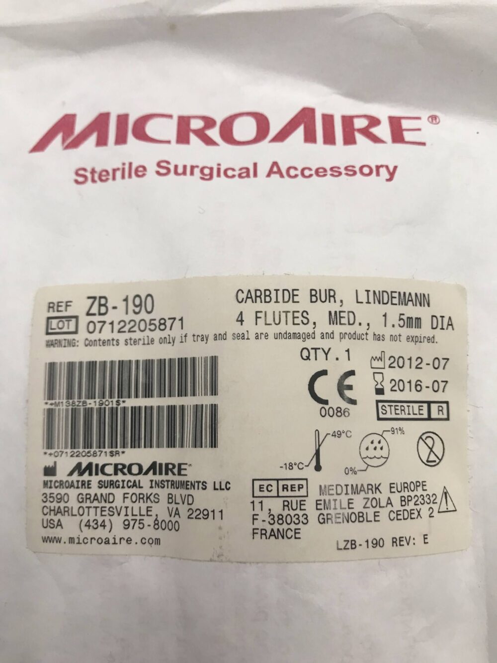 MicroAire ZB-190 Carbide Bur, Lindemann 4 Flutes, Med., 1.5mm Dia (X ...