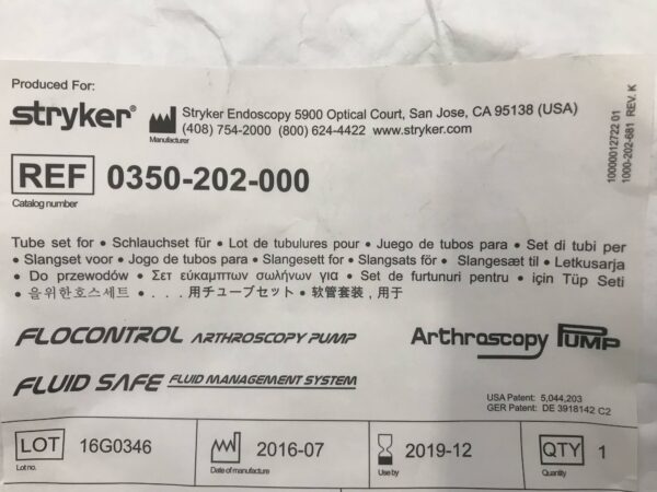 Stryker 0350-202-000 Tube Set for Flocontrol Arthroscopy Pump (X) - GB ...
