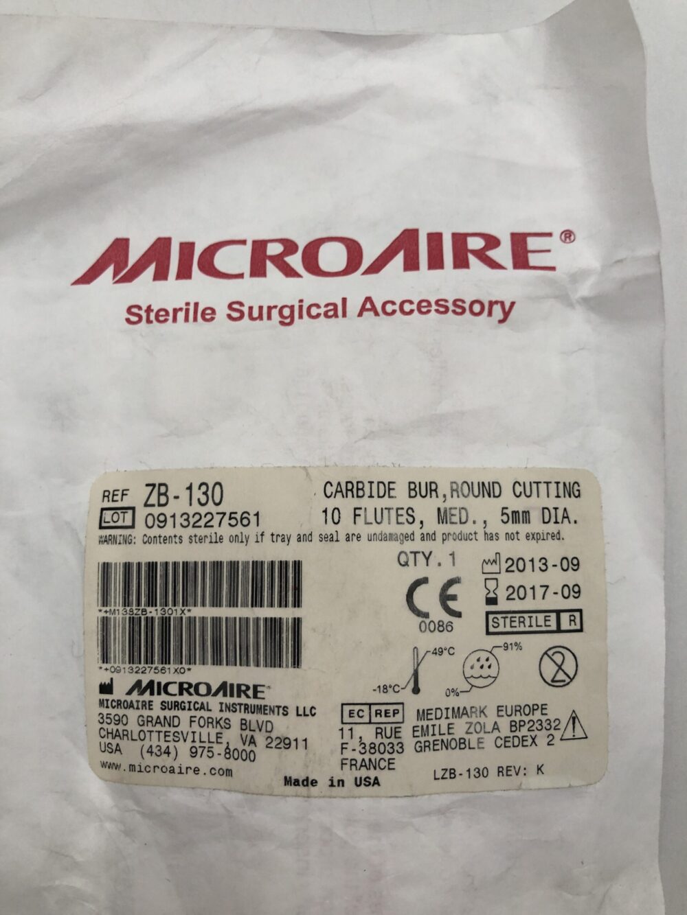 MicroAire ZB-130 Carbide Bur Round Cutting 10 Flutes Med. 5mm DIA. (X ...