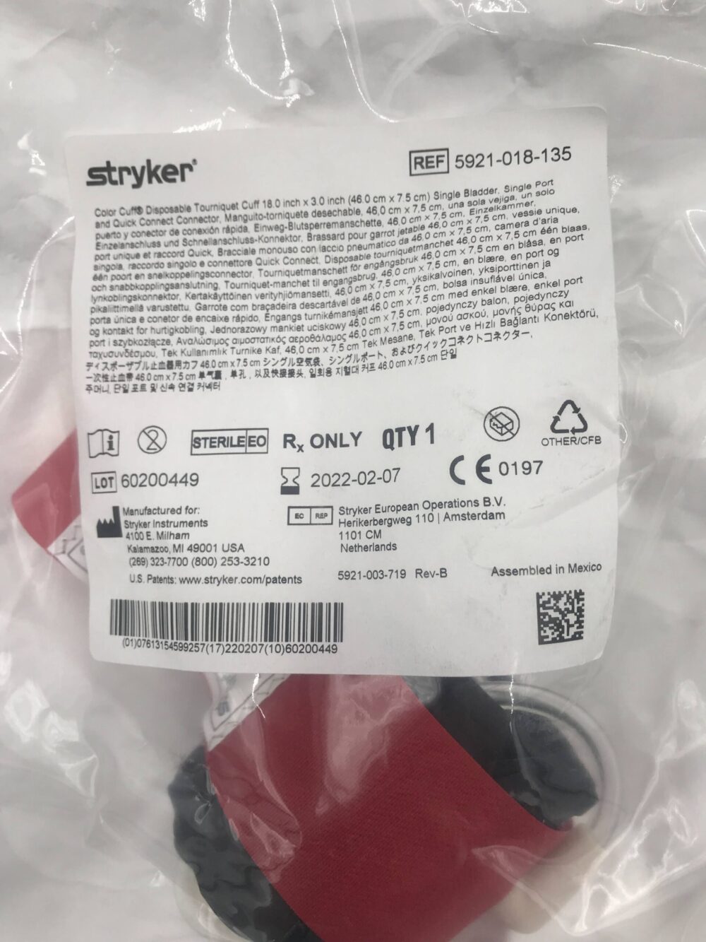 STRYKER 5921-018-135 Color Cuff Disp. Tourniquet Cuff Single Bladder ...