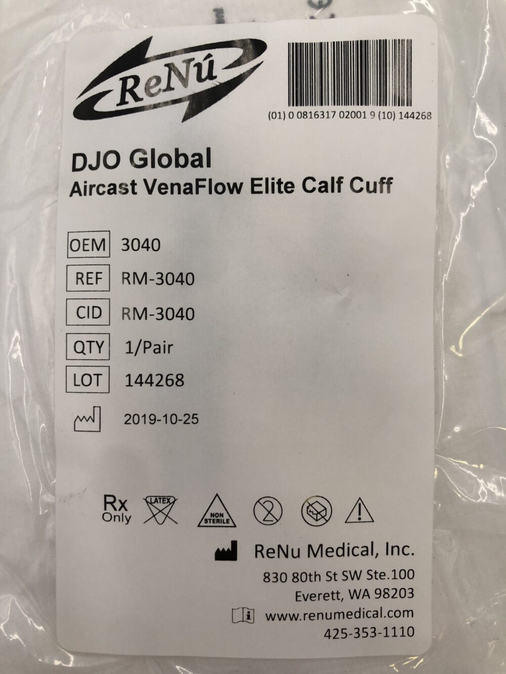 ReNú Medical RM-3040 DJO Global Aircast VenaFlow Elite Calf Cuff - GB ...