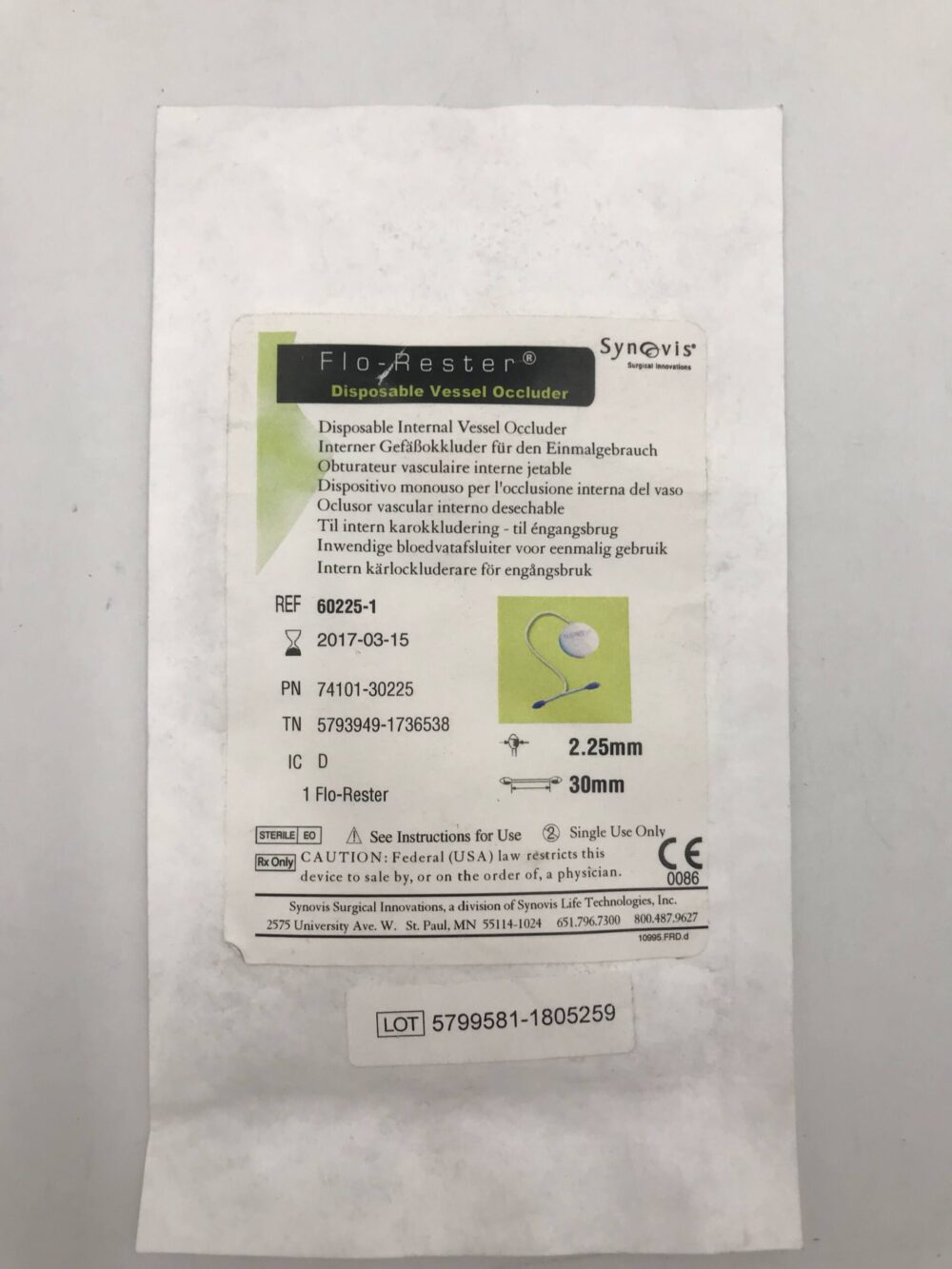 Synovis 60225-1 Flo-Rester Disposable Internal Vessel Occluder (X) - GB ...
