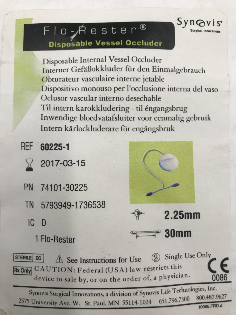 Synovis 60225-1 Flo-Rester Disposable Internal Vessel Occluder (X) - GB ...