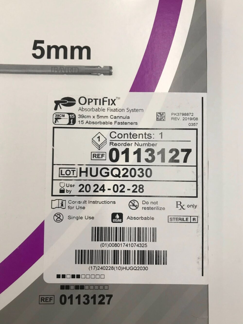 BARD 0113127 OptiFix Absorbable Fixation System 39cm x 5mm Cannula, 15 ...