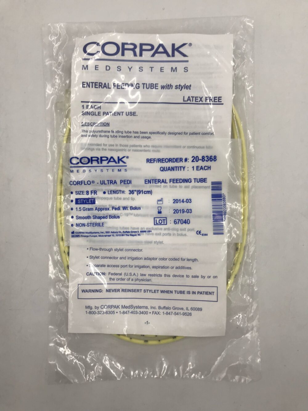 CORPAK 20-8368 Corflo Ultra Pedi Enteral Feeding Tube w/Stylet 8F x 36 ...