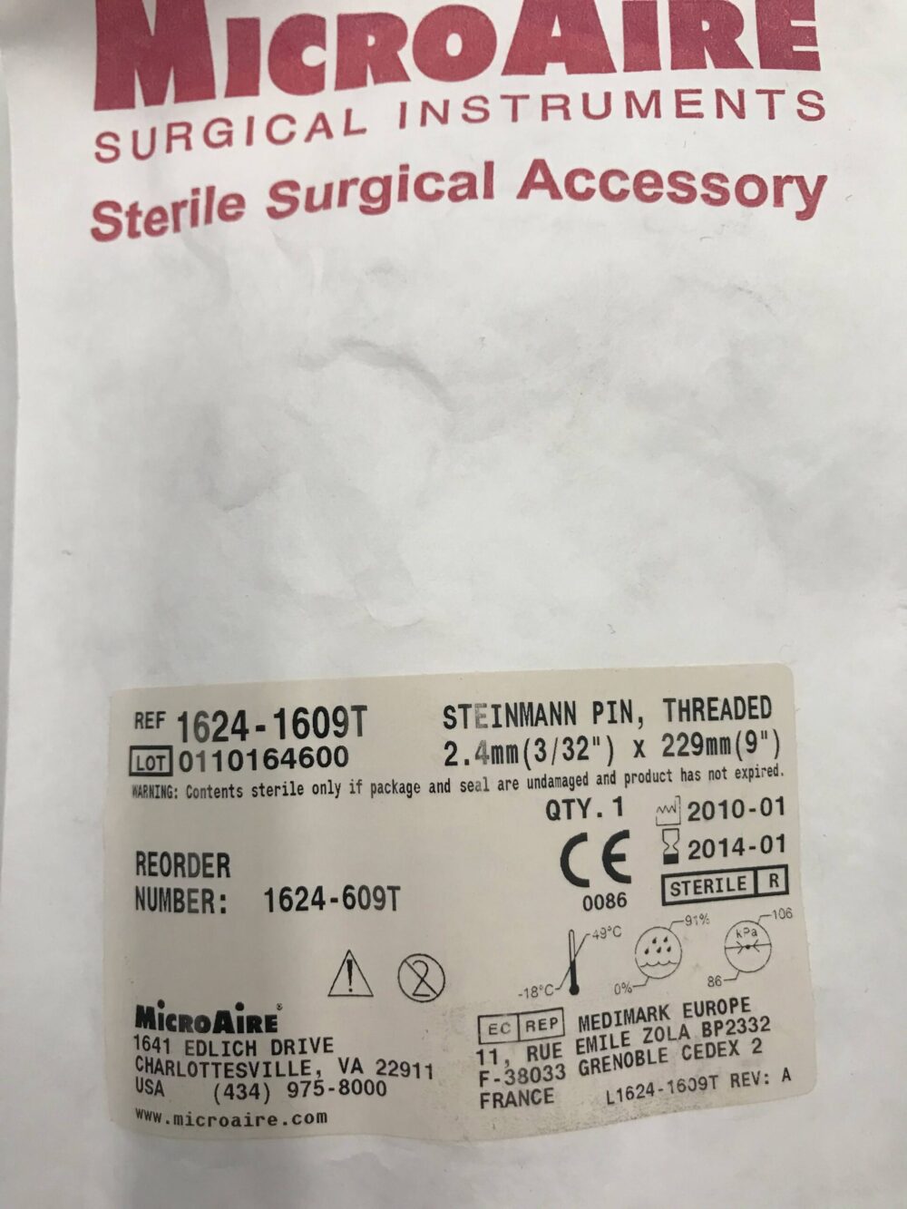 MicroAire 1624-1609T Steinmann Pin Threaded 2.4mm x 229mm (X) - GB TECH USA