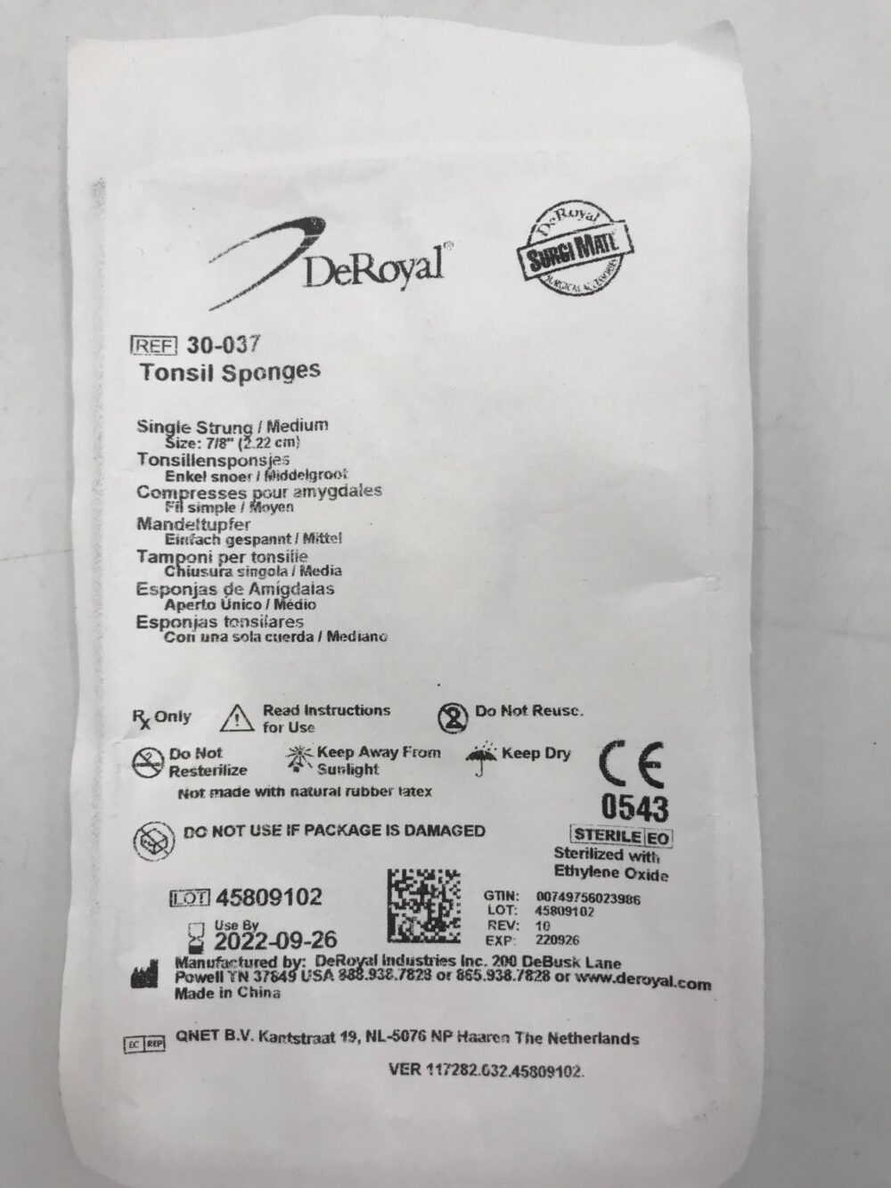 DeRoyal 30-037 Tonsil Sponges Single Strung Medium 7/8" (X) - GB TECH USA