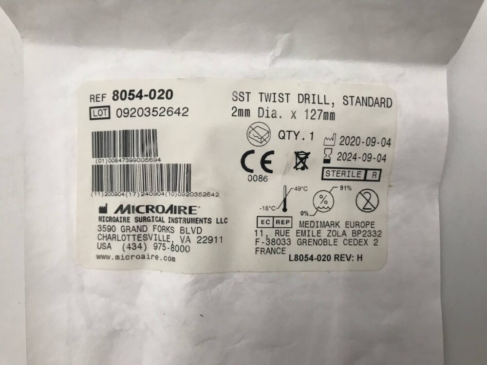 MicroAire 8054-020 SST Twist Drill Standard 2mm Dia x 127mm – GB TECH USA