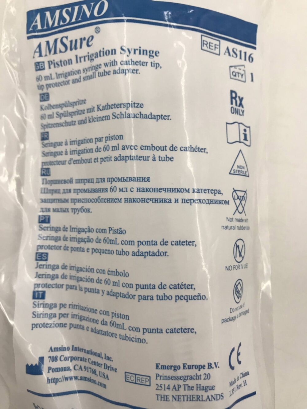 Amsino AS116 AMSure Piston Irrigation Syringe 60mL (17/Bag) - GB TECH USA