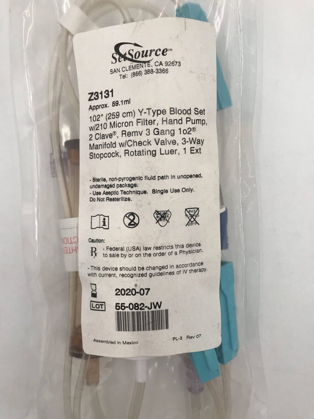 SET SOURCE Z3131 Y-Type Blood Set w/210 Micron Filter, Hand Pump, 2 ...