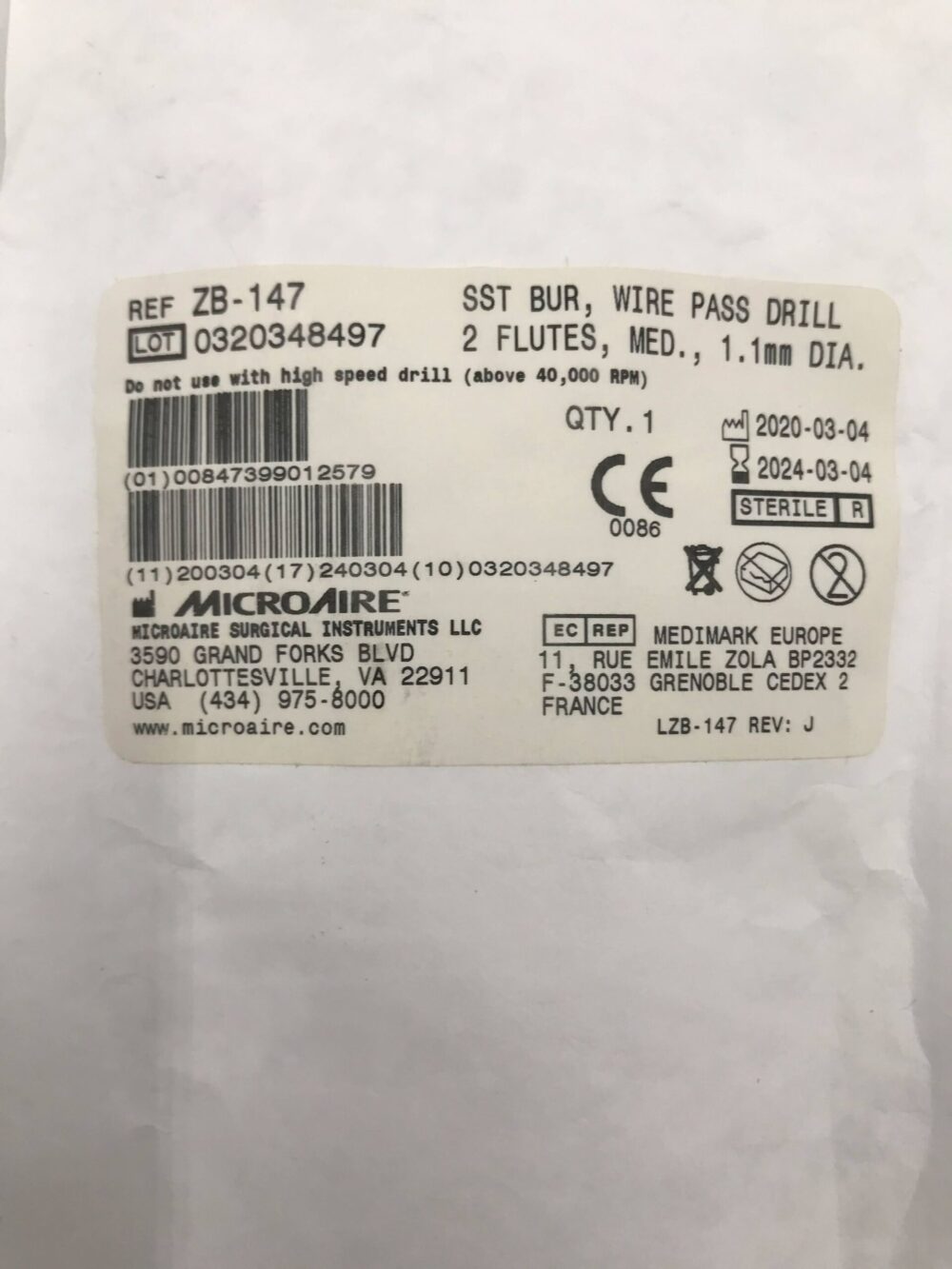 MicroAire ZB-147 SST Bur Wire Pass Drill 2 Flutes Med. 1.1mm DIA. - GB ...