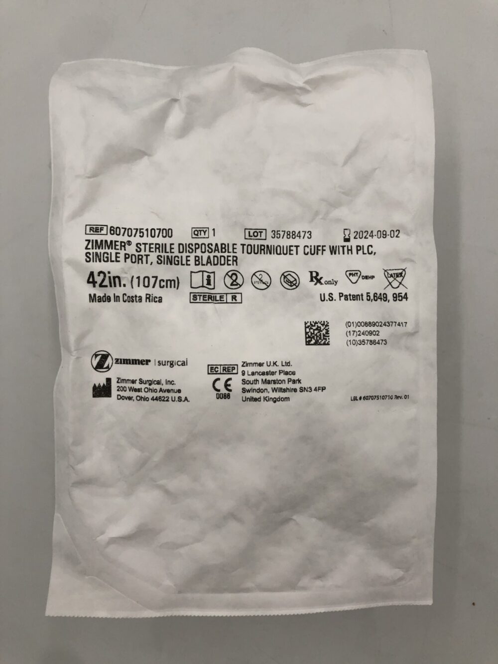 ZIMMER 60707510700 Disposable Tourniquet Cuff w/ PLC, Single Port ...