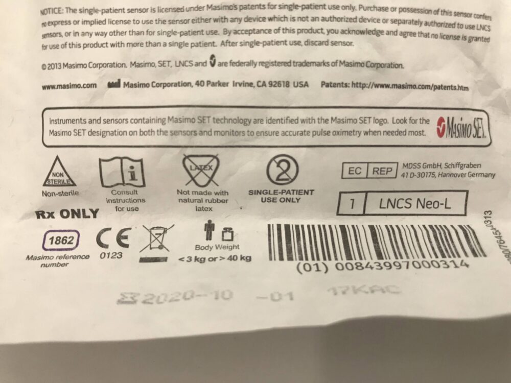 Masimo Set 1862 LNCS NEO-L SpO2 Neonatal/Adult Pulse Oximeter Adhesive ...
