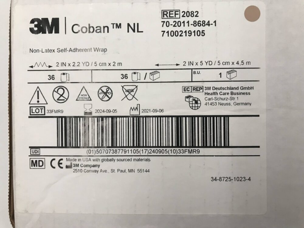 3M 2082 Coban NL Non-Latex Self-Adherent Wrap 2in x 2.2yd (5cm x 2m ...