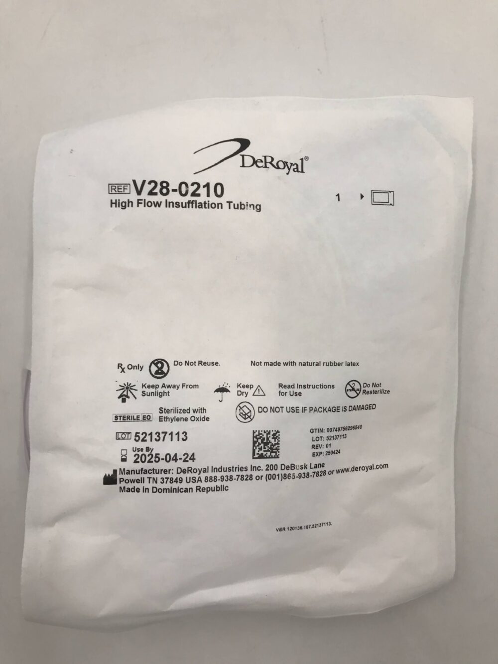 DeRoyal V28-0210 High Flow Insufflation Tubing - GB TECH USA