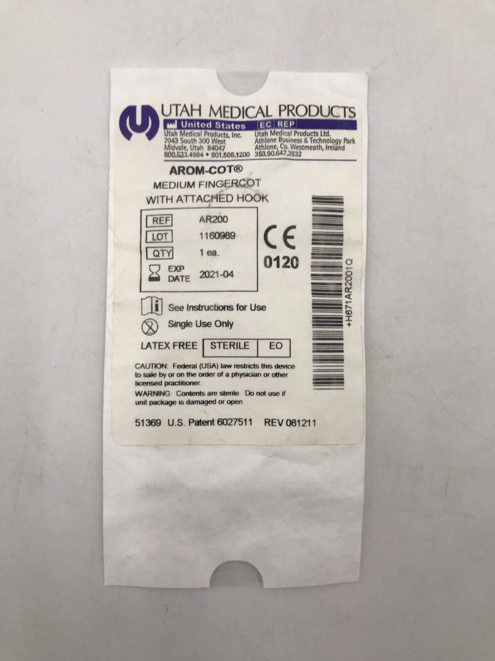 UTAH MEDICAL AR200 Arom-Cot Medium Finger Cot w/ Attached Hook(X) - GB ...