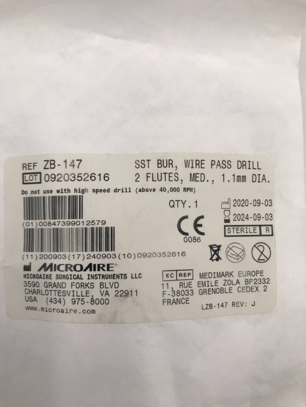 MicroAire ZB-147 SST Bur Wire Pass Drill 2 Flutes Med. 1.1mm DIA. – GB ...