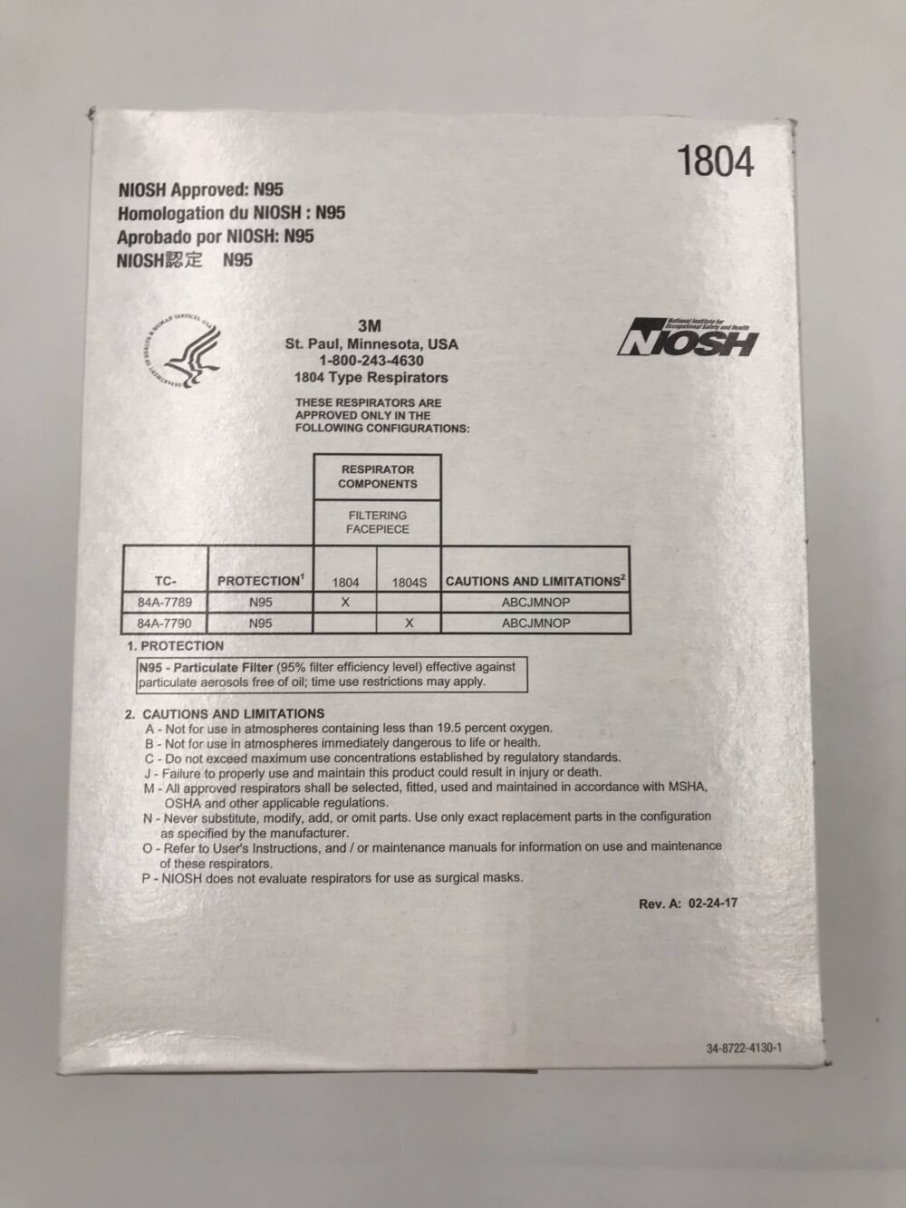 3M 1804 VFlex Health Care Particulate Respirator & Surgical Mask N95 ...