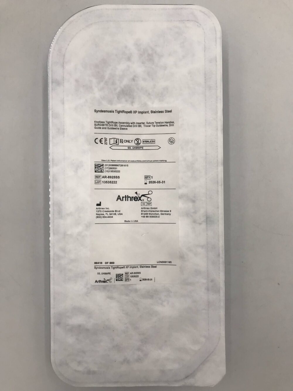 Arthrex AR-8925SS Syndesmosis TightRope XP Implant Stainless Steel ...