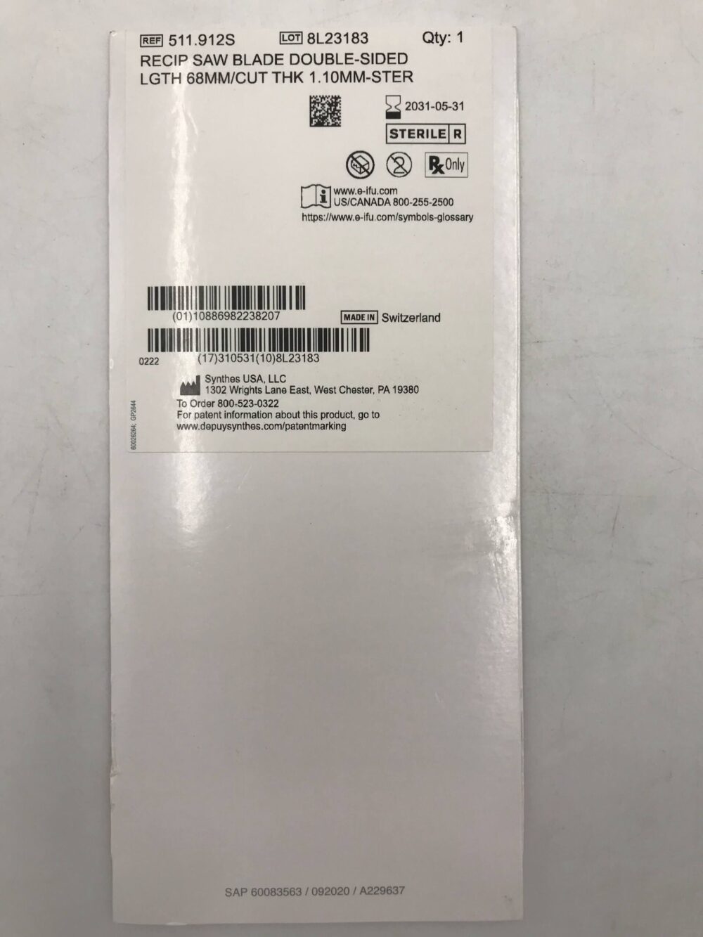 Synthes 511.912S Recip Saw Blade Double-Sided Lgth 68mm/Cut Thk 1.10mm ...