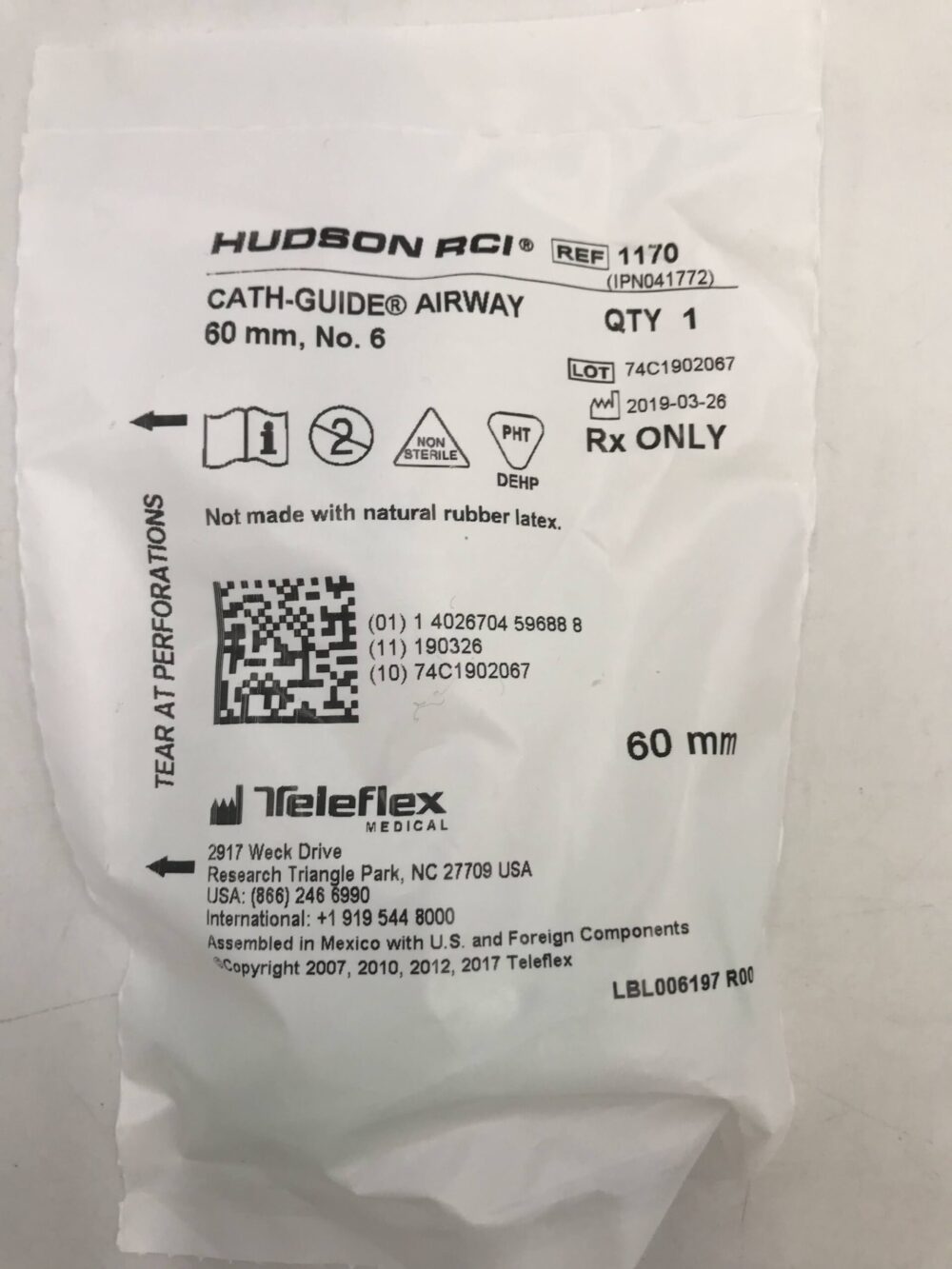 Teleflex 1170 Hudson Rci Cath-Guide Airway 60mm No.6 - GB TECH USA