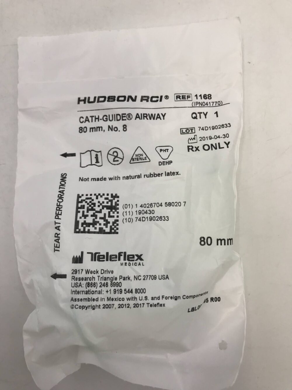 Teleflex 1168 Hudson RCI Cath-Guide Airway 80mm No.8 - GB TECH USA