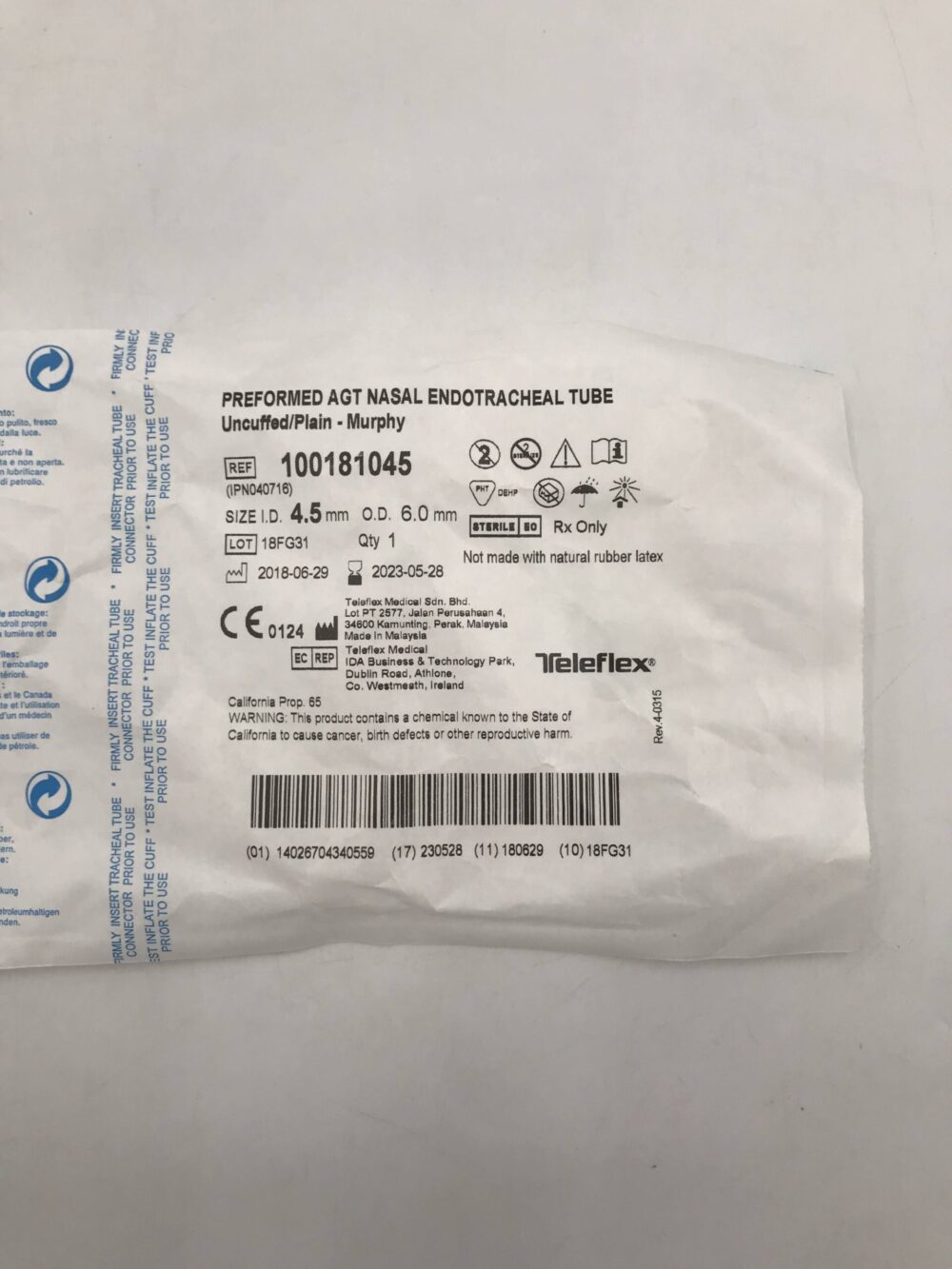 TELEFLEX 100181045 Rusch Preformed AGT Nasal Endotracheal Tube 4.5mm (X ...
