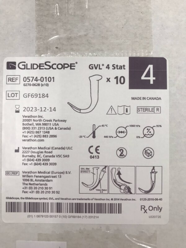 Verathon 0574-0101 Glidescope Video Laryngoscopes GVL 4 Stat (10/Box ...