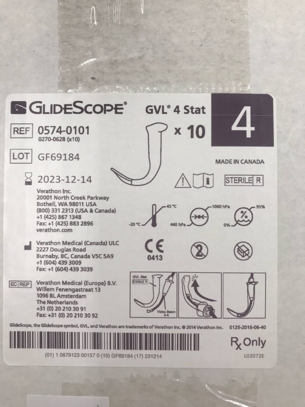 Verathon 0574-0101 Glidescope Video Laryngoscopes GVL 4 Stat (10/Box ...