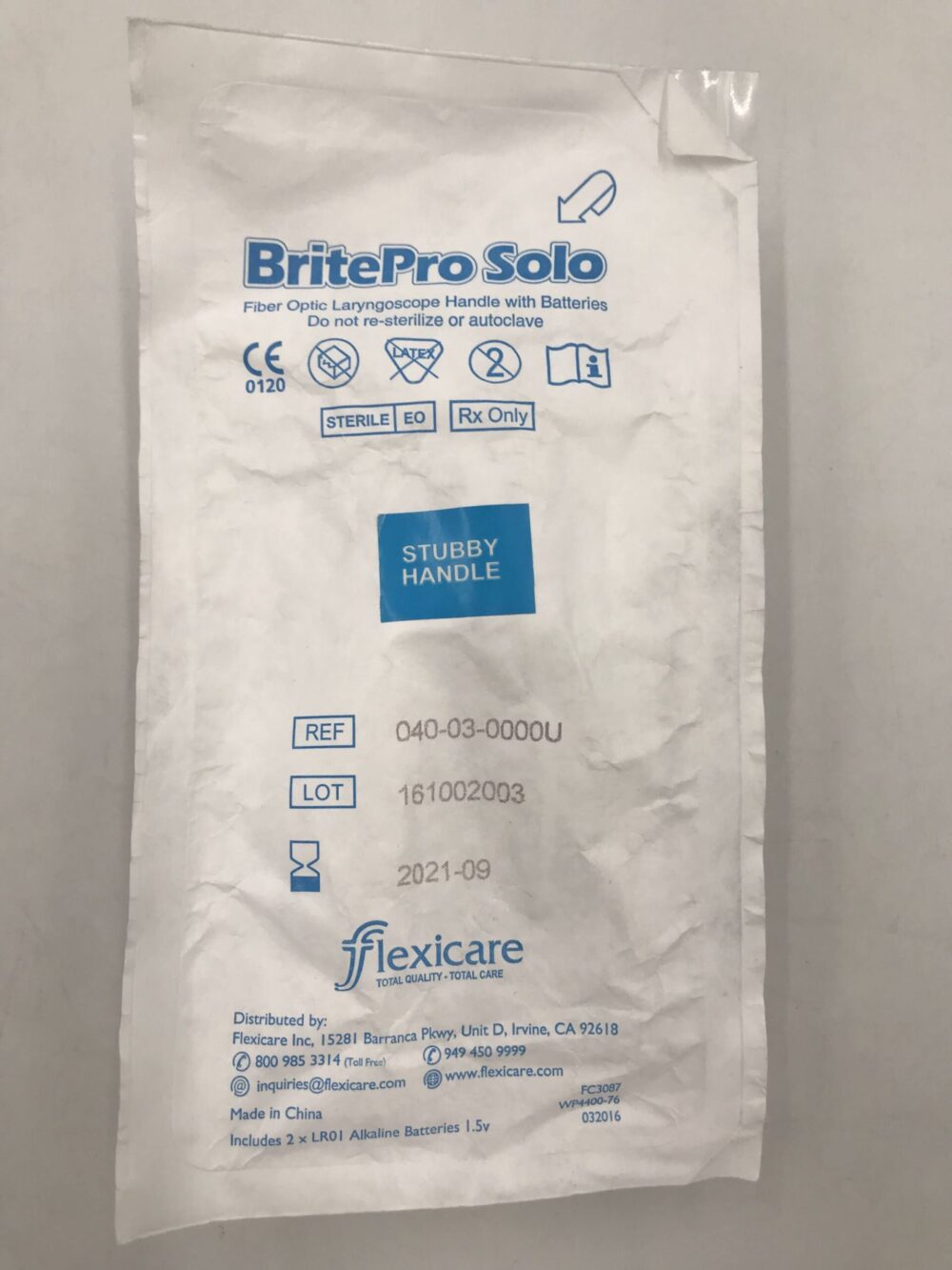 Flexicare 040-03-0000U BritePro Solo Fiber Optic Laryngoscope Handle ...