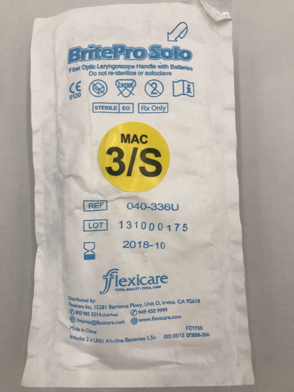 Flexicare 040-336U BritePro Solo Fiber Optic Laryngoscope Handle with ...