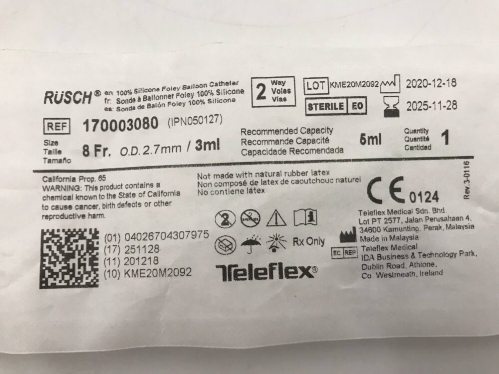 Teleflex 170003080 Rush 100% Silicone Foley Balloon Catheter 8Fr - GB ...